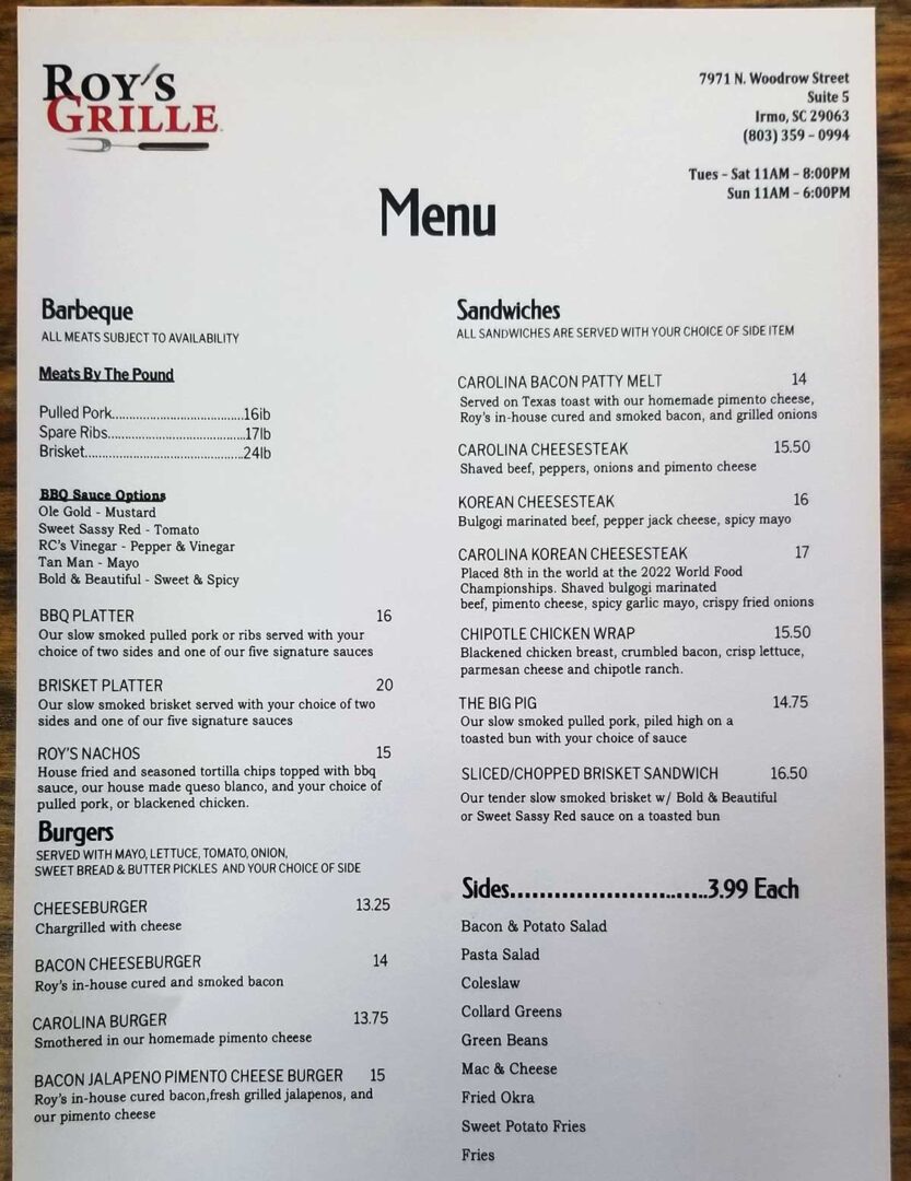 Roy's Grille in Irmo, SC - Destination BBQ